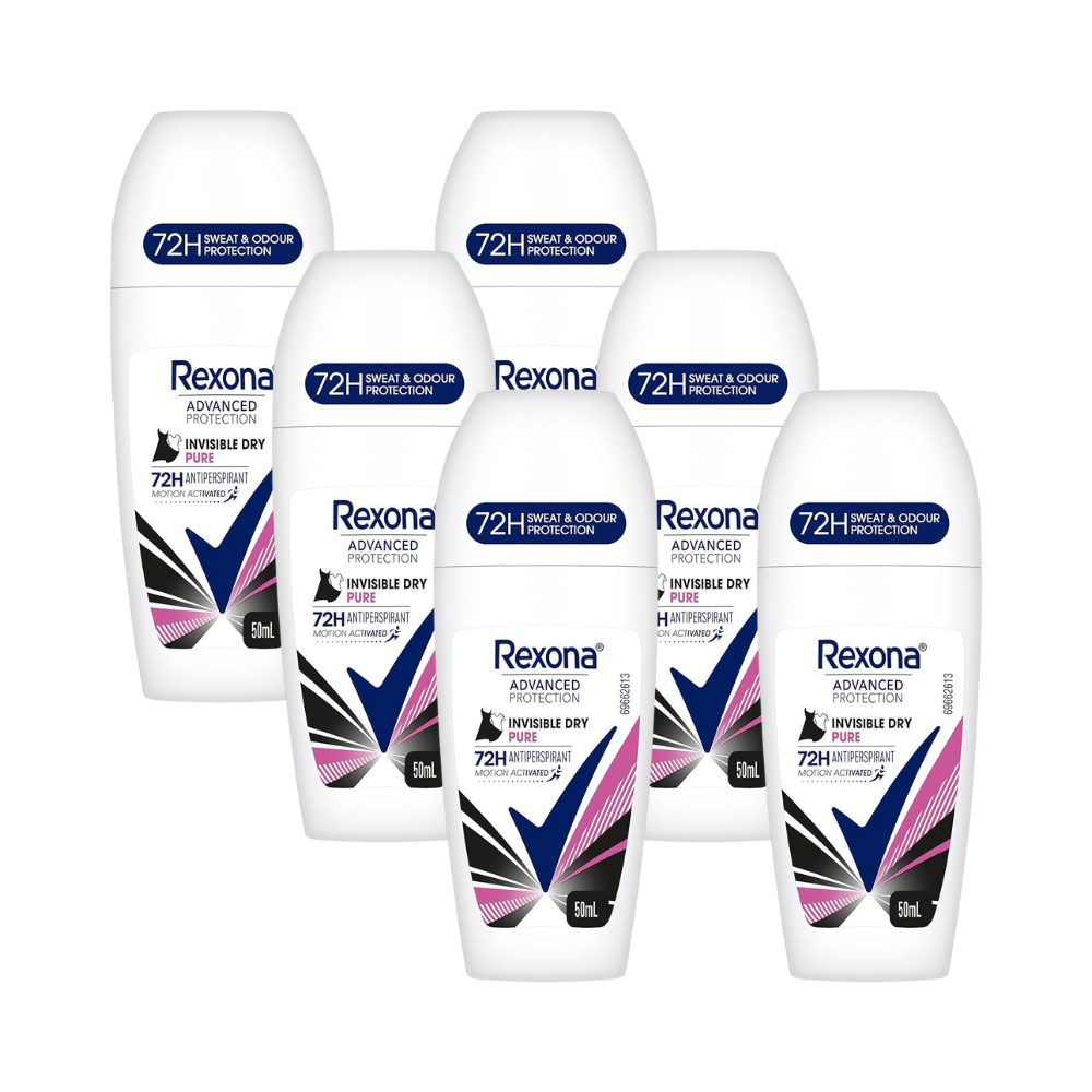6 x Rexona Advanced Protection Roll On Deodorant Invisible Dry Pure Wo ...