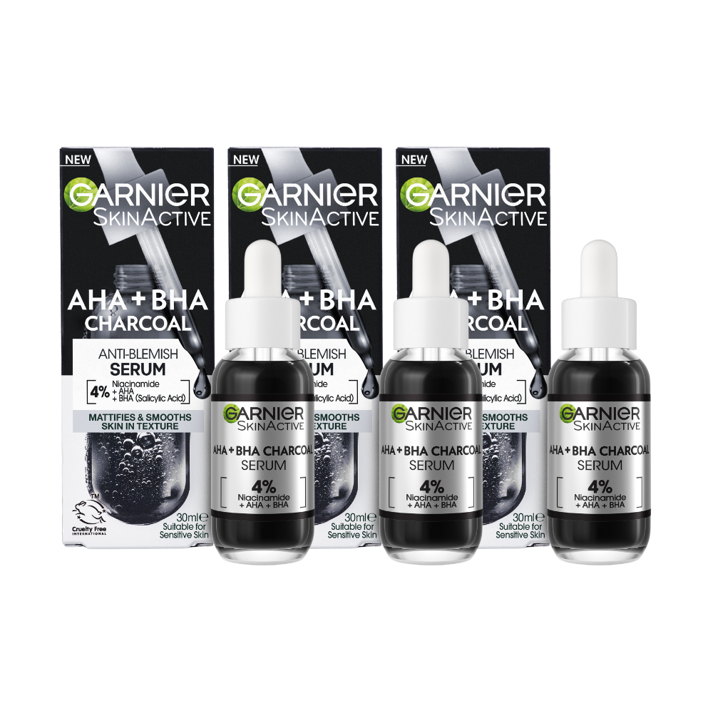 3 x Garnier SkinActive AHA + BHA Anti Blemish Serum with Charcoal 30mL ...